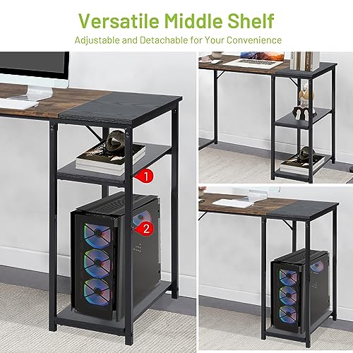 FurnitureR L-Shaped Home Office Computer Desk 66 inches Large Study Writing Student Laptop PC Gaming Corner Table with Shelves for Apartment Dormity Small Spaces, Brown