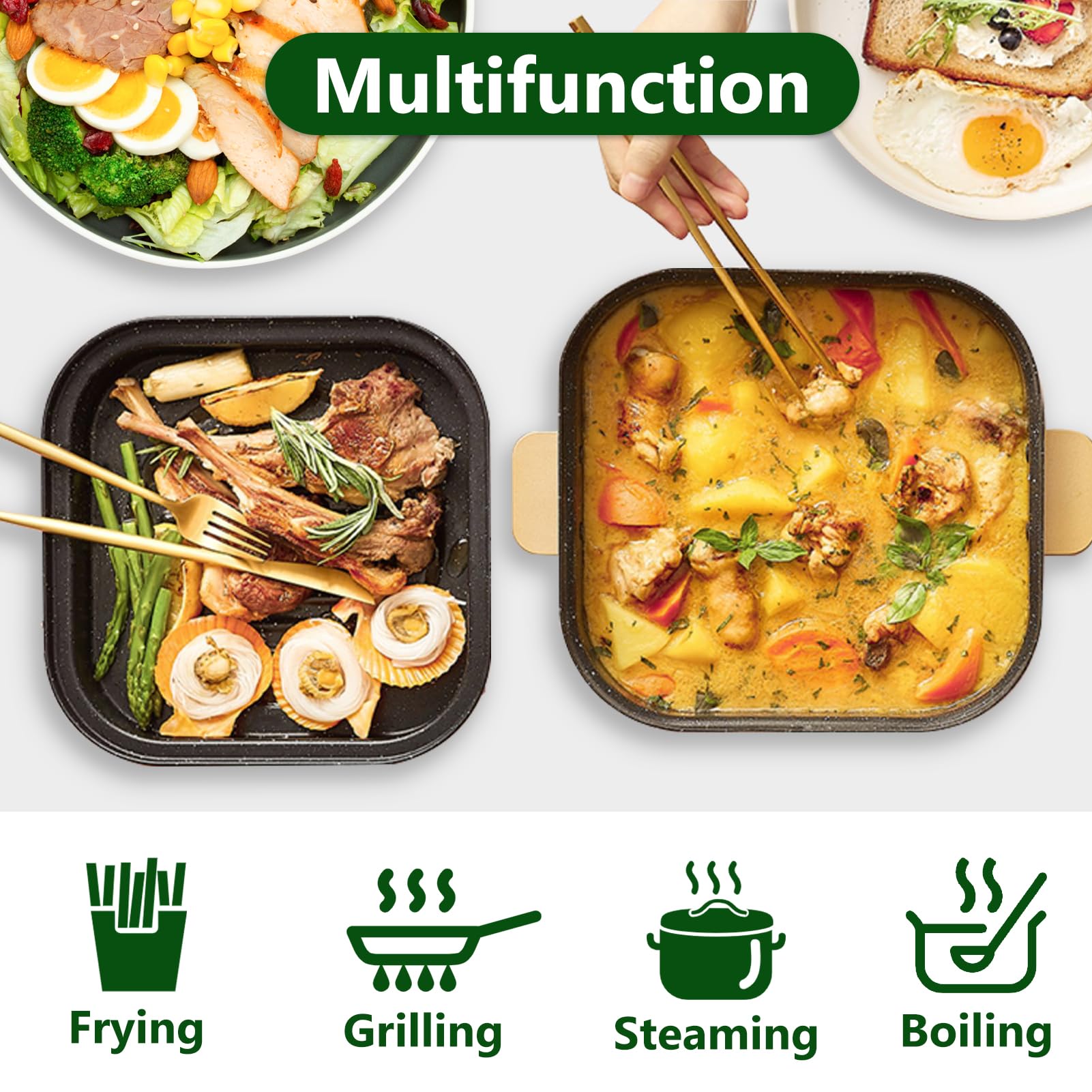 Austric 2 In 1 Electric Shabu Shabu Pot 3.5L with Removable Grill Pan, Non-Srick Electric Hot Pot with Slide Power Control, Multi Cooker with Tempered Glass Lid for Frying,Grilling,BBQ | (Green)