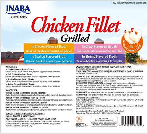 INABA Natural, Premium Hand-Cut Grilled Chicken Fillet Cat Treats/Topper/Complement with Vitamin E and Green Tea Extract, 0.9 Ounces Each, Pack of 10, Variety Pack