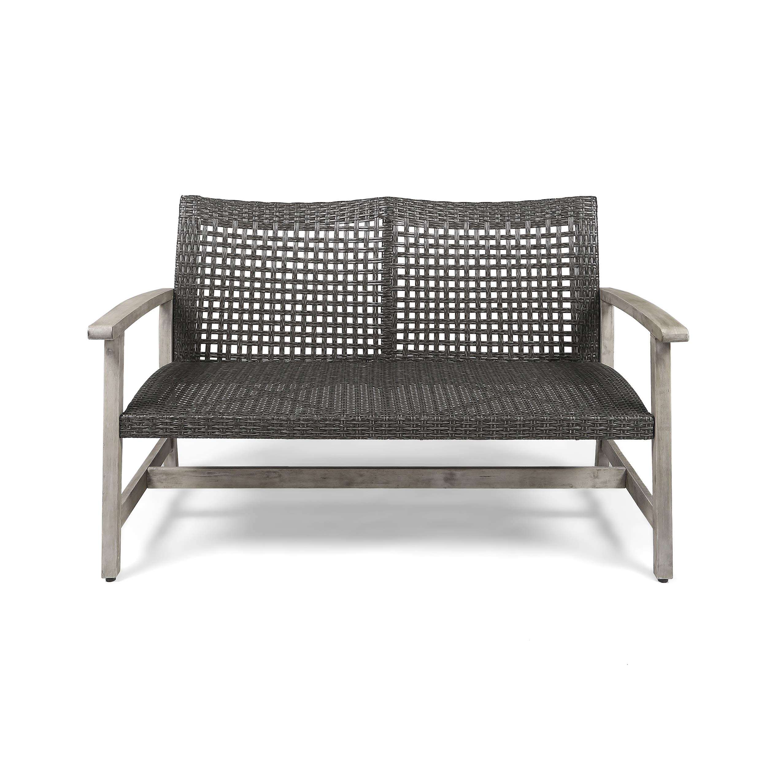 GDFStudio Outdoor Wood and Wicker Loveseat, Light Gray Finish with Mix Black Wicker
