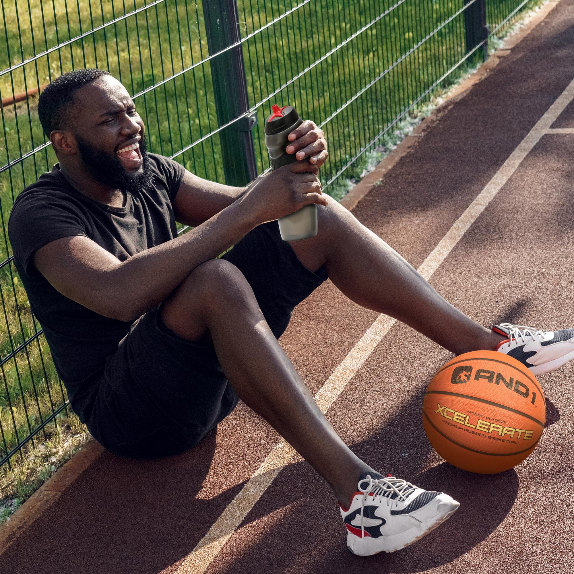 AND1 3-Pc Premium Rubber Basketball Bundle β Includes Official Regulation Size 7 (29.5β) Streetball (Deflated), Ball Pump and Squeeze Water Bottle Made for Indoor and Outdoor Basketball Games,Orange