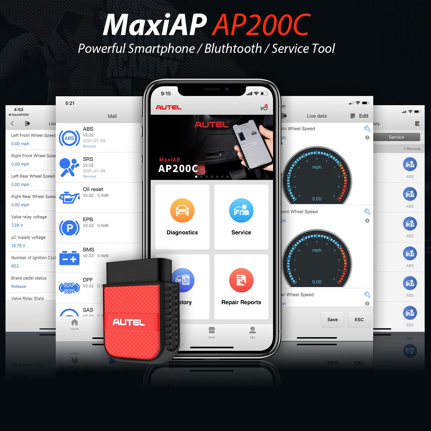 Autel AP200C MaxiAP 2022 Newest OBD2 Scanner with ABS Auto Bleed, Airbag Reset, Oil, Throttle, DPF, EPB, SAS, BMS Services in-App Purchase, ABS/SRS Diagnosis, for iOS & Android, Specific Vehicles