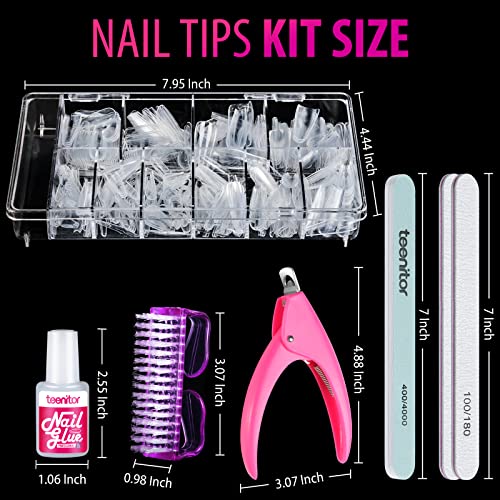 Clear Coffin Nail Tips Set, Teenitor Long Acrylic Nail Tip Full Cover Clear Press On Nails, 600pcs Ballerina False Nails Tips With Nail Glue, Acrylic Nail Clipper Files And Buffer Polisher Nail Brush for Beginners