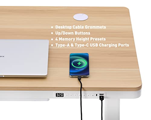 FARRAY Electric Standing Desk with Drawer, 45 x 24 Inch Adjustable Height Desk with Power Strip & USB Ports, One-Piece Top Stand Up Desk, Modern Sit Stand Desk (Oak Top + White Frame)