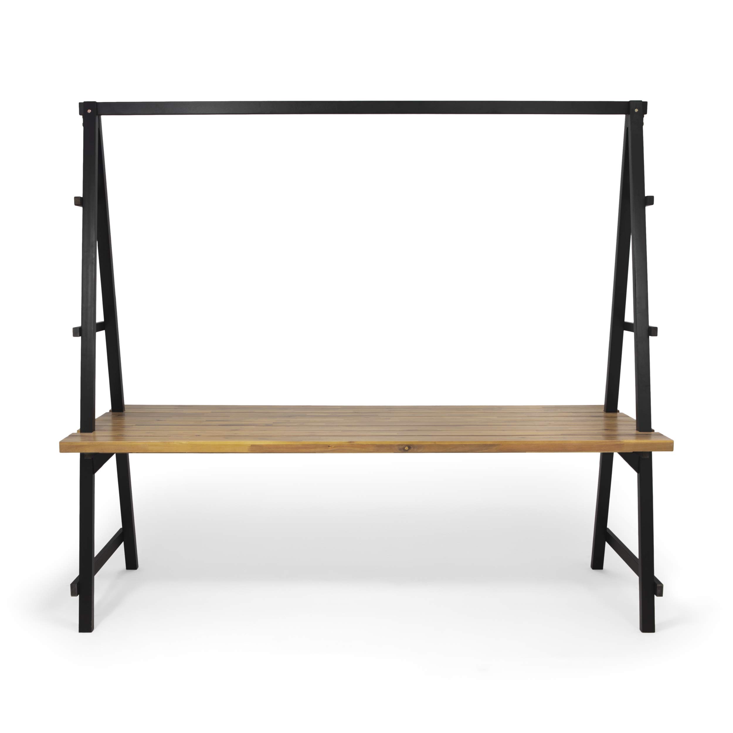 GDFStudio Outdoor Acacia Wood 88.5" Dining Table with Iron Plant Hanger, Finish and Black