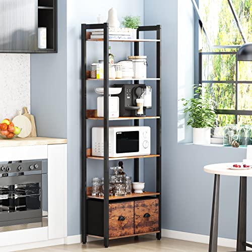 Furologee TV Stand with 3-Tier Open Storage Shelves and 6-Tier Bookshelf, Tall Rustic Bookcase with 2 Drawers Storage Organizer,