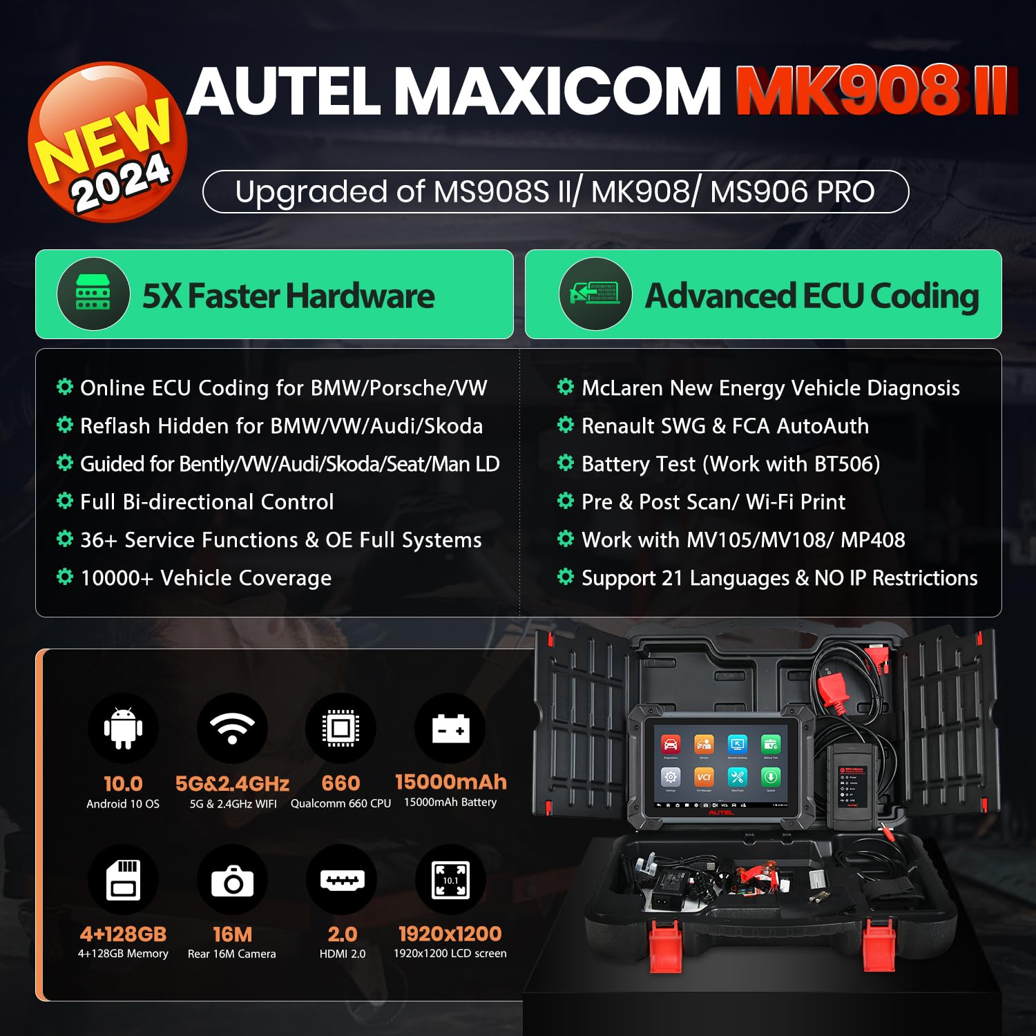 Autel MaxiCOM MK908 II Scanner: 2024 Up of MK908 MS906 PRO MP900BT MS906BT, ECU Coding as Elite 2 PRO MK908 Pro II MS908S Pro II, 38+ Service, 3K+ Bidirectional Tool, OS 10, OE All Sys, Auto Scan 2.0