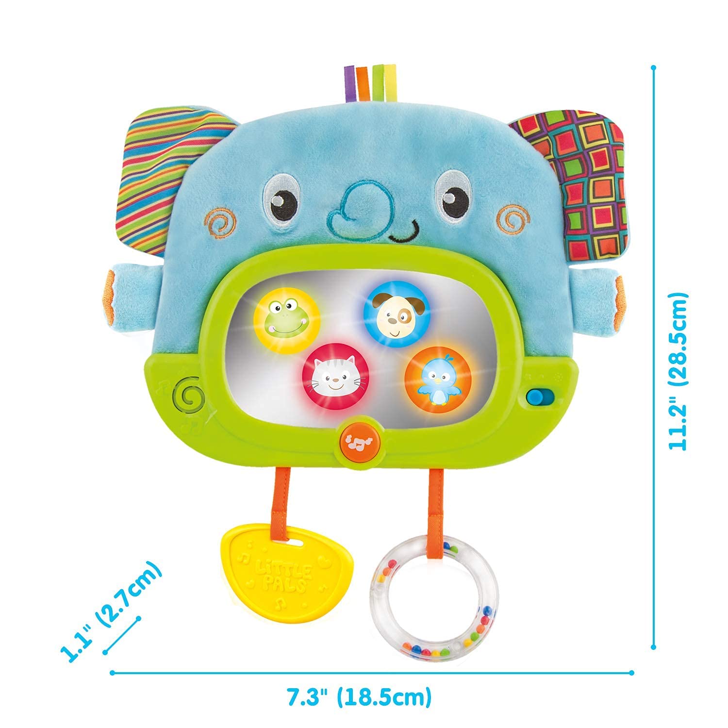 Baby Tummy Time Mirror for Floor, Crib, Play Gym & Stroller - Soft Elephant Baby Mirror w/Hidden Characters β Daytime Play & Nighttime Lullaby Modes β 0+ Months