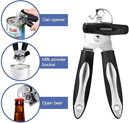 Can Opener, Stainless Steel Manual Can Opener, Food-Safe, Multifunctional Bottle Openers with Non-Slip Handle & Oversized Turn Knob, Smooth Edge, Ultra Sharp Cutting for Seniors with Arthritis