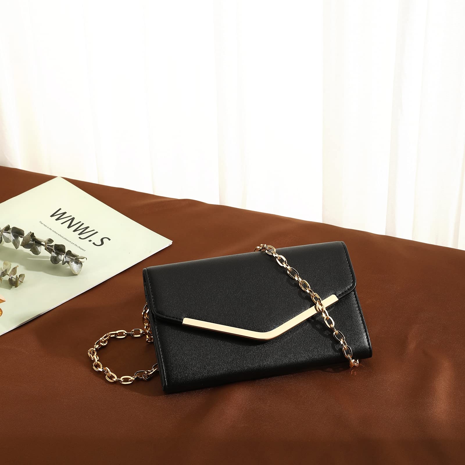 Autumnwell Clutch Purse Evening Bag for Women,Black Envelope Handbag With Detachable Chain for Wedding and Party