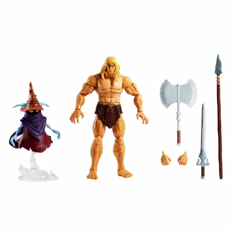 Masters of the Universe Masterverse Revelation Savage He-Man Action Figure with 30+ Articulated Joints, 3 Weapons, Harness & Orko Figure with ‘Floating’ Base, 7-inch Motu Collectible Gift