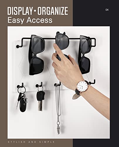 Emibele Sunglass Organizer Wall Key Holder, Decorative Wood Wall Jewelry Organizer Glasses and Sunglass Holder Display with 5 Hooks Key Rack Hanging Eyeglass Storage for Entryway Living Room, White