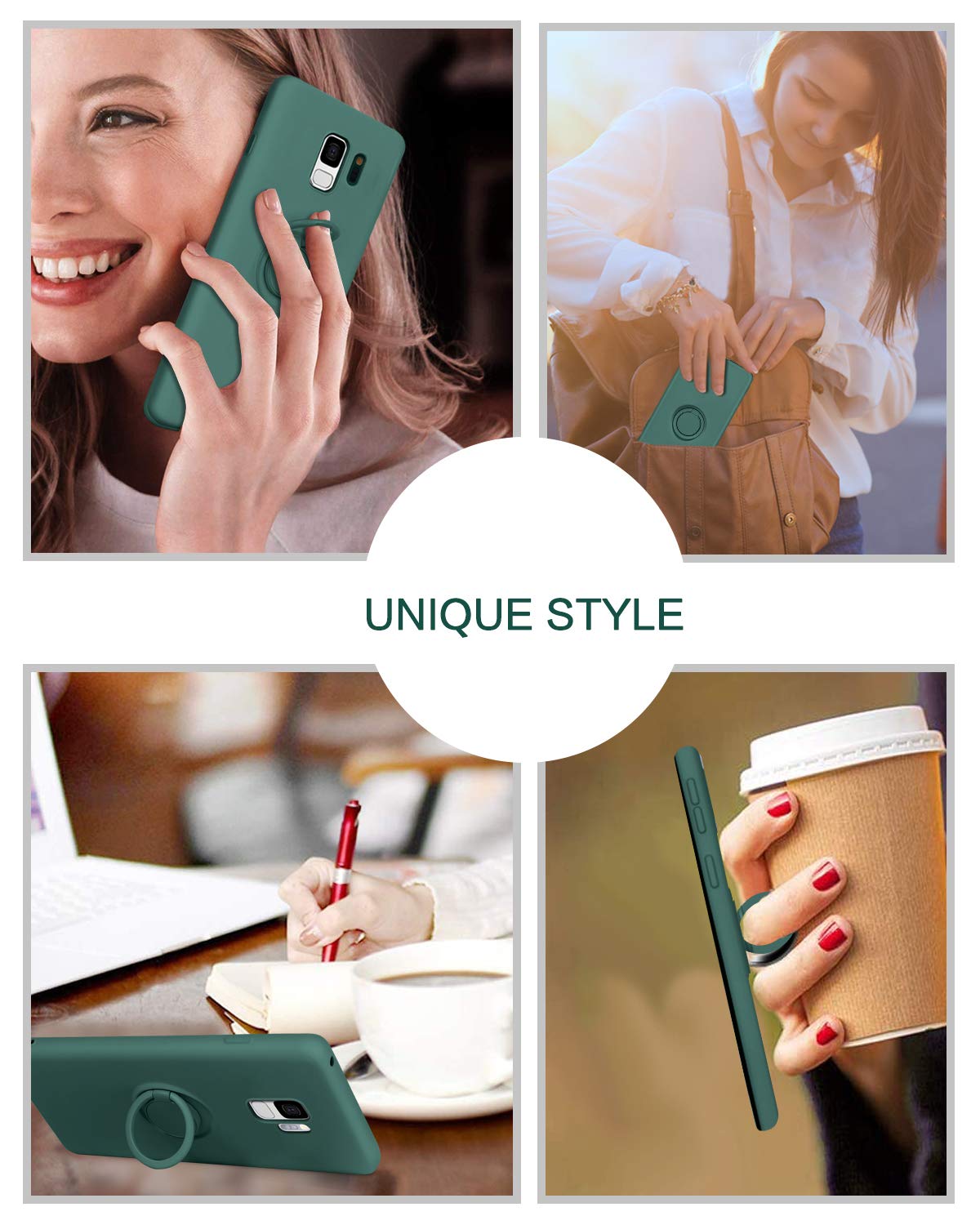 BENTOBEN Samsung Galaxy S9 Case, Slim Silicone | 360° Ring Holder Kickstand | Support Car Mount | Soft Rubber Shockproof Bumper Protective Non-Slip Case for Samsung Galaxy S9 5.8" (2018), Dark Green