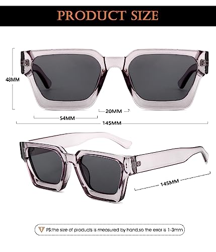 EYLRIM Thick Square Frame Sunglasses for Women Men Fashion Chunky Rectangle Sun Glasses Black Shades(10 Transparent Grey/Grey)
