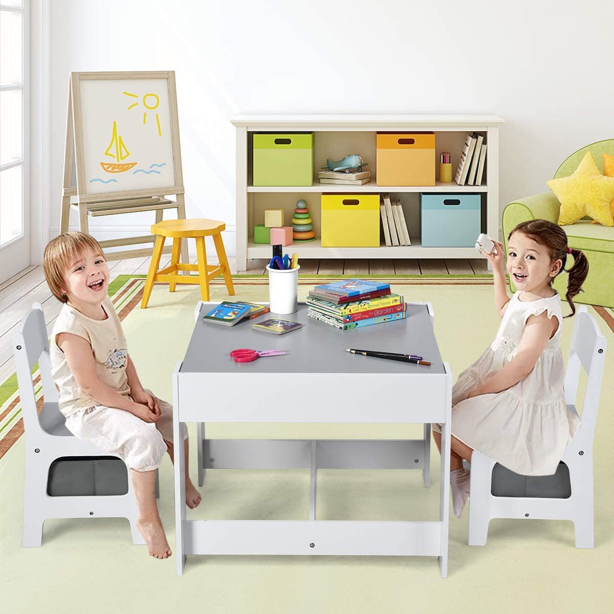 Fireflowery, 3-in-1 Wooden Activity w/Storage Drawer & Detachable Blackboard, 3-Piece Square Children Art Desk, Toddler Table&Chairs Kids Table and Chair Set, Large, Grey