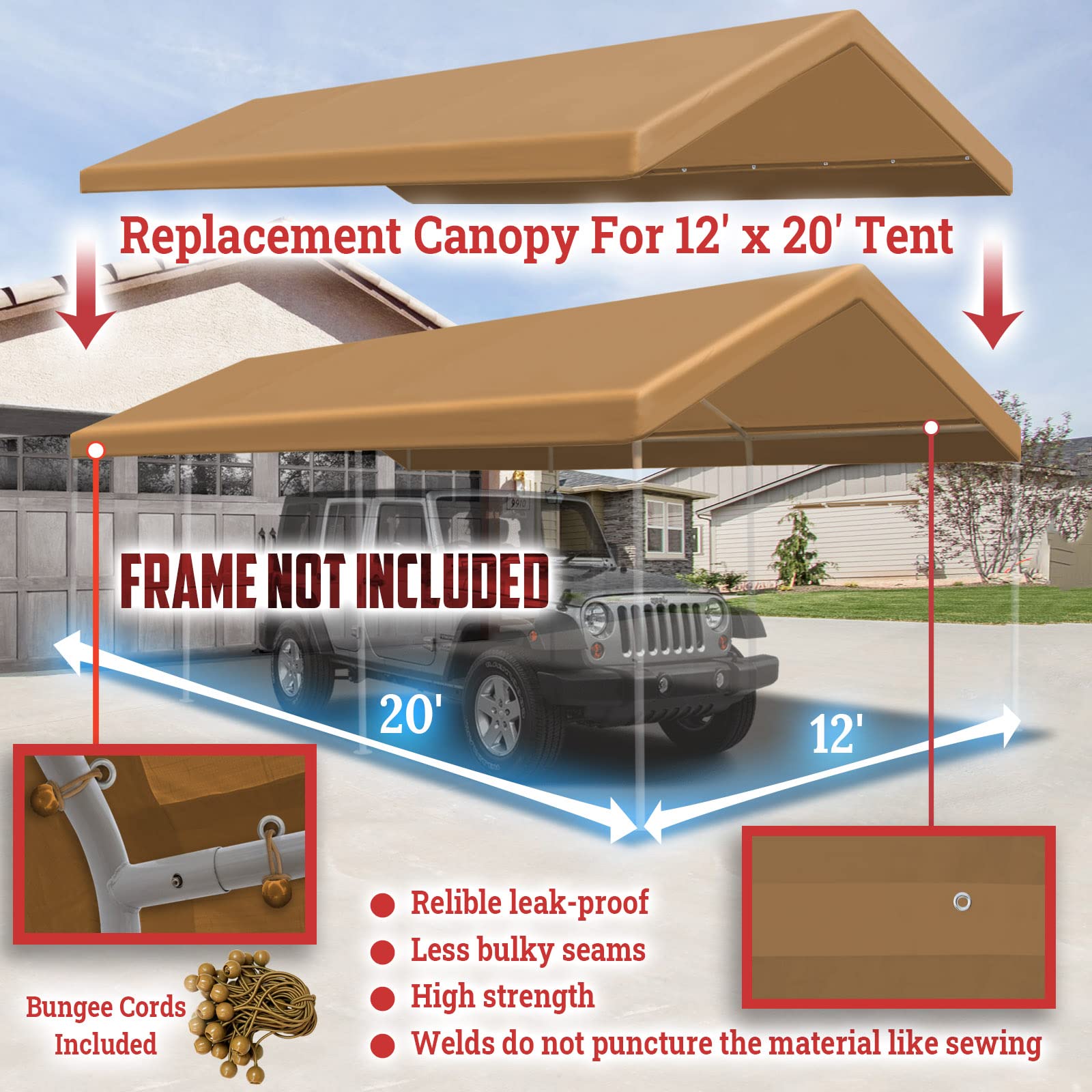 BenefitUSA 12'x20' Upgraded Carport Canopy Tent Garage Replacement Car Shelter Cover with Bungees,Frame is not Included (Tan)