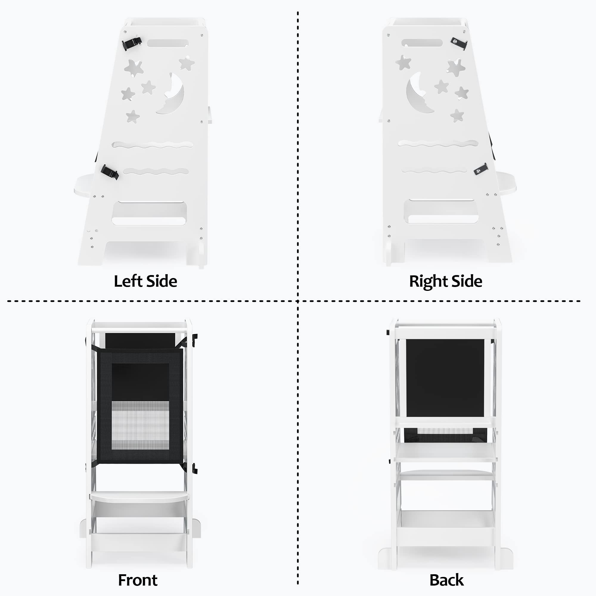 TOETOL Bamboo Toddler Kitchen Stool for Kids Step Stool - White Little Helper Tower Adjustable Height with Learning Black & White Activity Board1