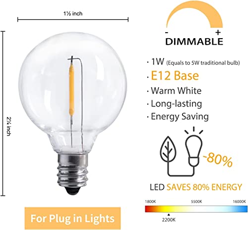 G40 Led Replacement Light Bulbs 1W Shatterproof Globe Bulb Fits E12 or C7 Candelabra Screw Base Sockets, 1.5 Inch Dimmable Light Bulbs for Indoor Outdoor Patio Decor, 2200K, Warm White, 25 Pack