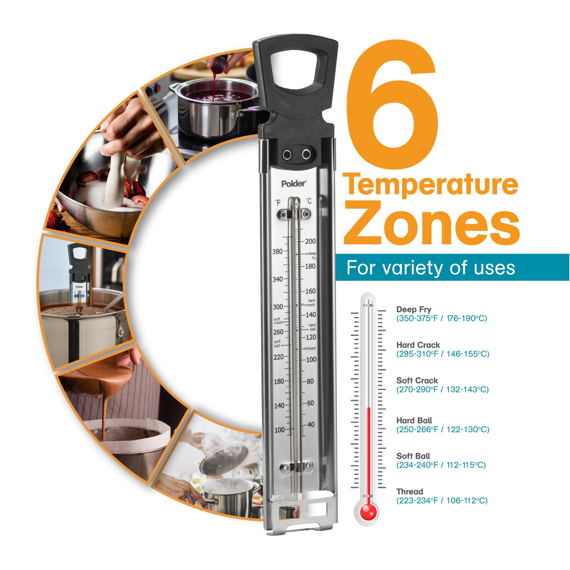 Candy Thermometer Deep Fry/Jam/Sugar/Syrup/Jelly Thermometer with Hanging Hook Cooking Thermometer Food Thermometer Quick Reference Temperature & Pot Clip