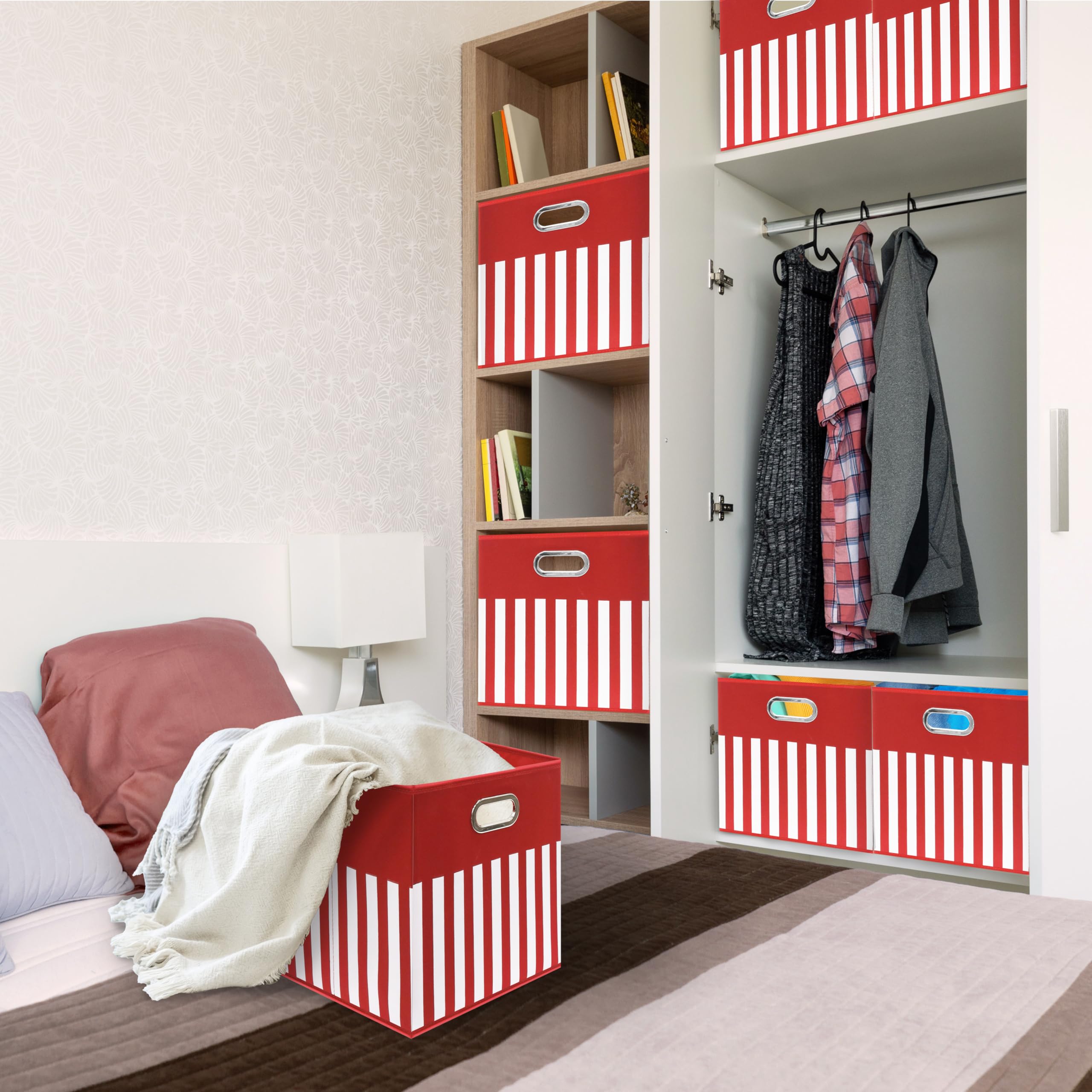 Simple Houseware 3 Pack 13" Printing Fabric Cubic Storage Bin with Handles, Red