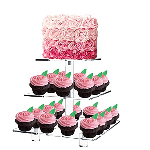 JusalphaĀ® 3 Tier Strong Acrylic Square Cupcake Stand, Dessert Display Tower (Clear, 1)