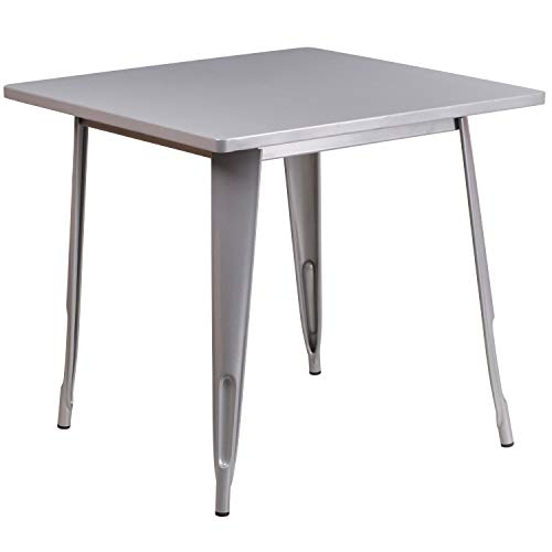 EMMA + OLIVER Commercial Grade 31.5" Square Silver Metal Indoor-Outdoor Table Set-4 Arm Chairs