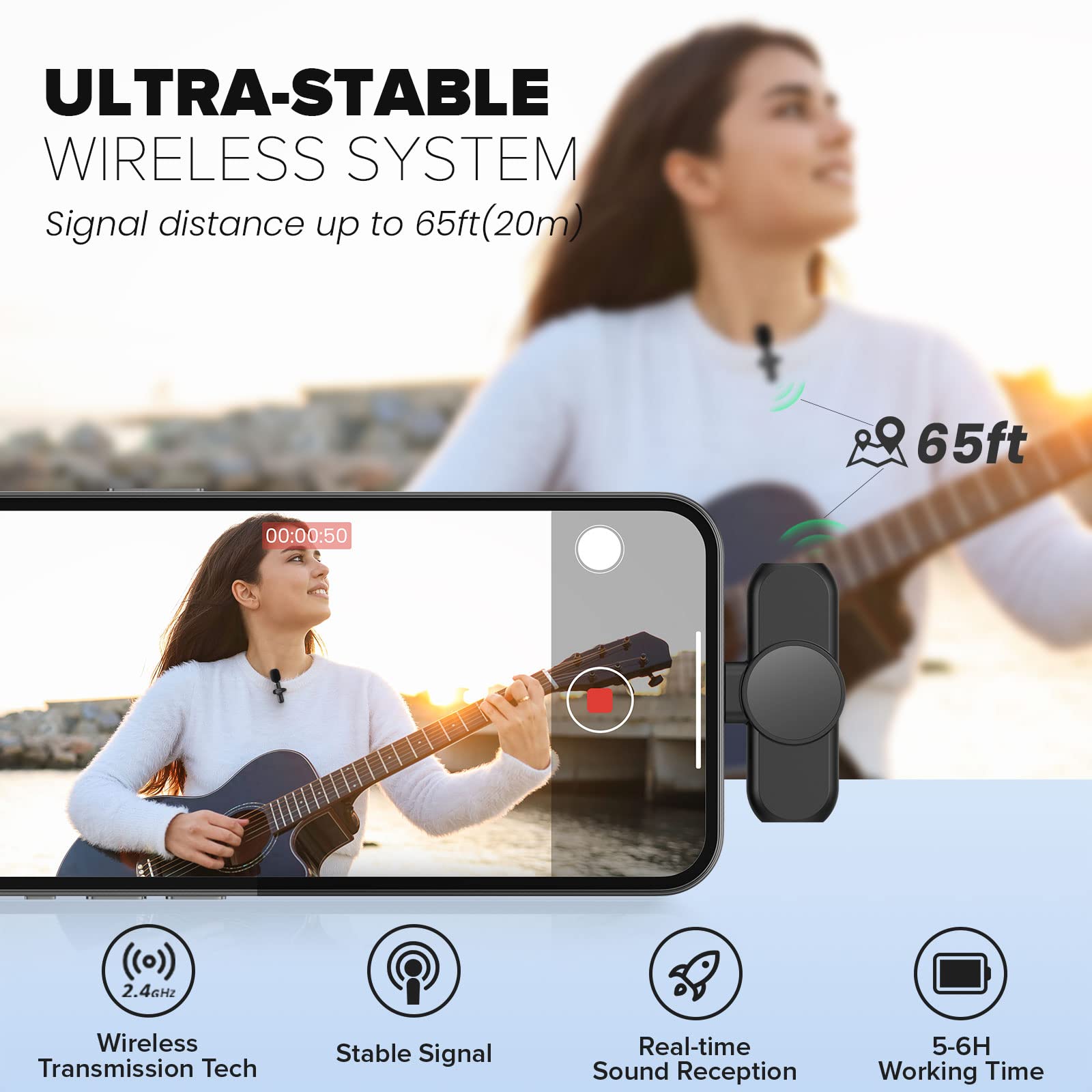 BILIYIP Wireless Lavalier Microphone for iPhone/iPad, Plug-Play Auto-Sync Omni Condenser Mic, 3-Levels Noise Reduction, Compatible with YouTube/TikTok, 5-6H Battery Life, 65ft Distance