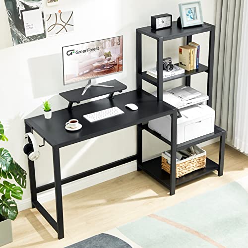 GreenForest Computer Desk 59 inch with Storage Printer Shelf Reversible Home Office Desk with Movable Monitor Stand and 2 Headphone Hooks for Study Writing PC Gaming Working, Black