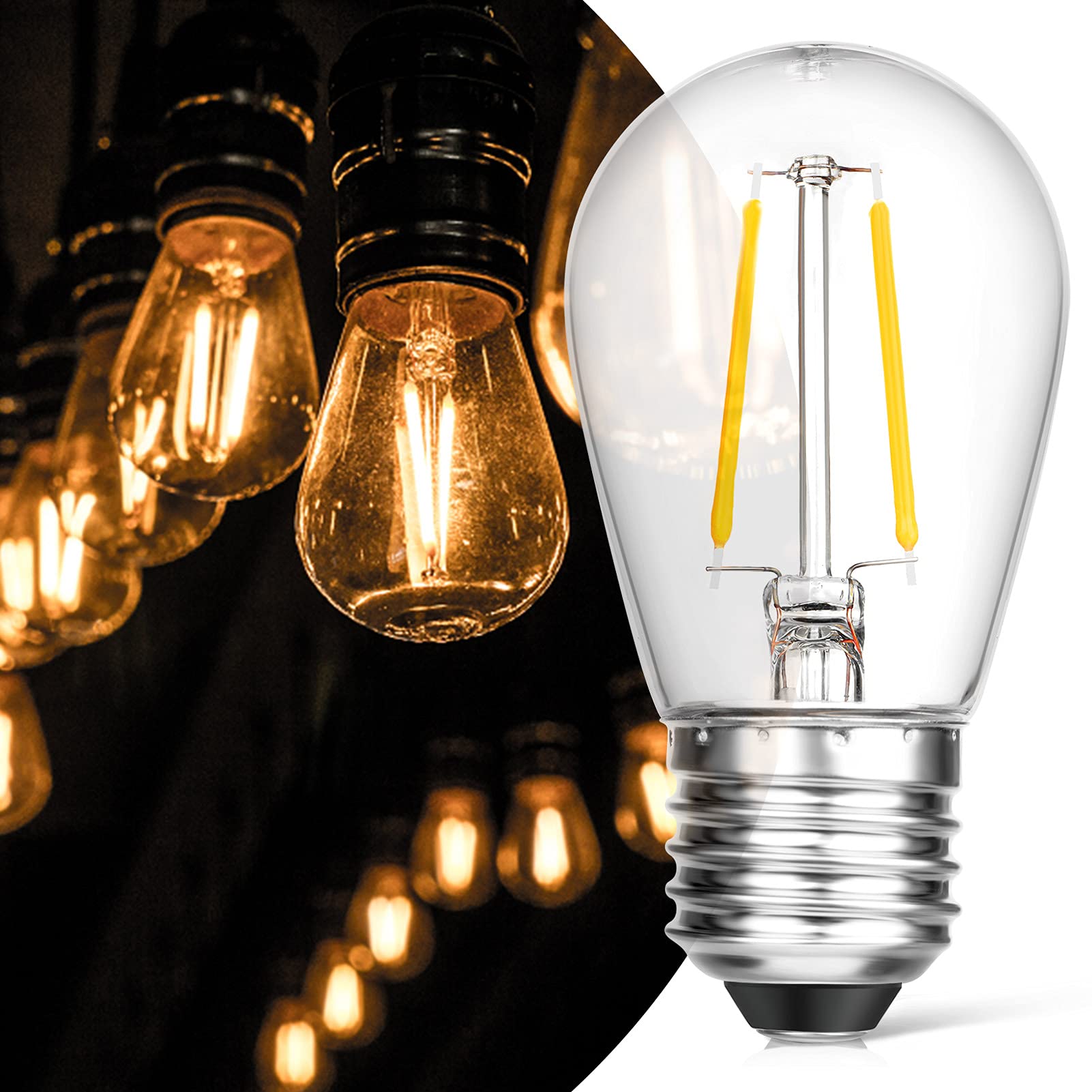 ECOVANIA Upgrade IP65 Waterproof Outdoor String Light Bulbs, 2W LED S14 Replacement Shatterproof Plastic Edison Light Bulbs, 130v E26 Medium Base, 2200K Warm White, 11 Watt Equivalent, Clear, 15 Pack
