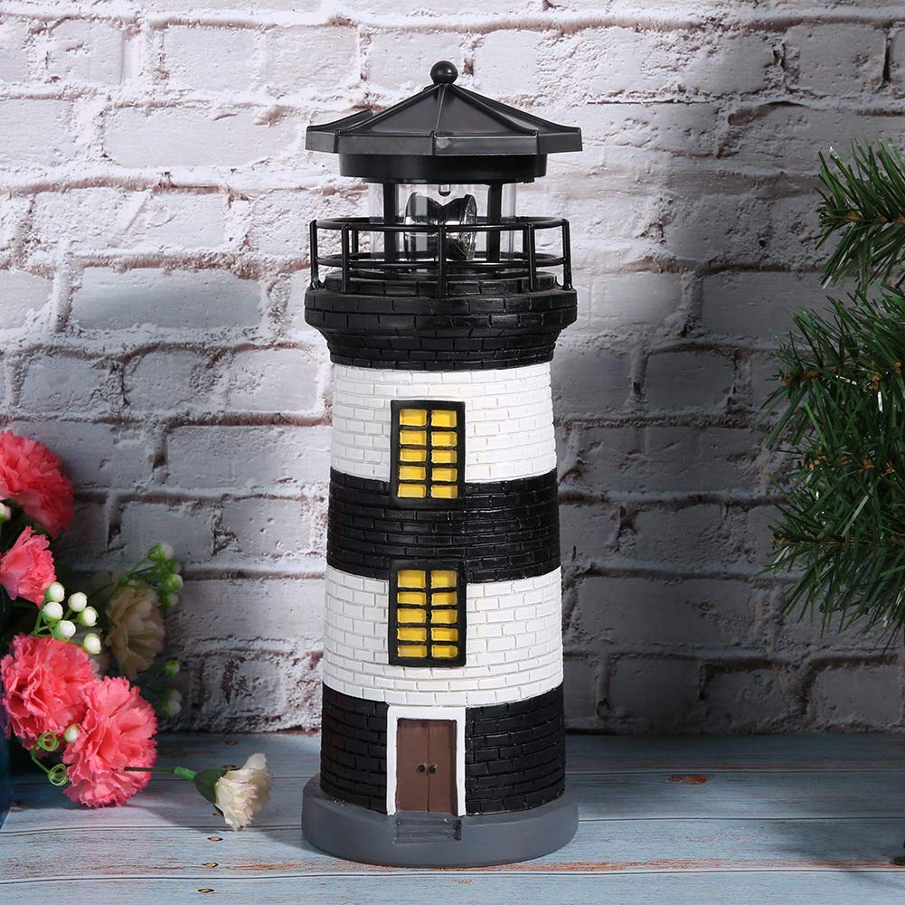 Summer Enjoyment Meiyya Solar Lighthouse, Waterproof Lighthouse Light, Yard Craft Ornament Garden for Home(Black and White)