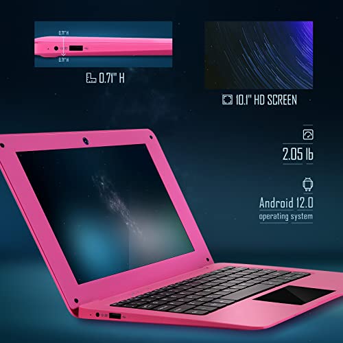 G-Anica Laptop Computer(10.1 inch), Quad Core Powered by Android 12.0, Netbook Computer with WiFi, Webcam and Bluetooth, Mini Laptop with Bag, Mouse, and Mouse Pad for Kids and Adults(Pink)
