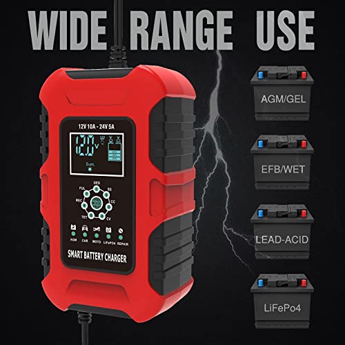 ATian 10-Amp Battery Charger, 12V/10A 24V/5A Smart Automatic Maintainer Trickle Charger with Temperature Compensation for Car Motorcycle Lawn Mower Lear-Acid AGM LiFePO4 Battery