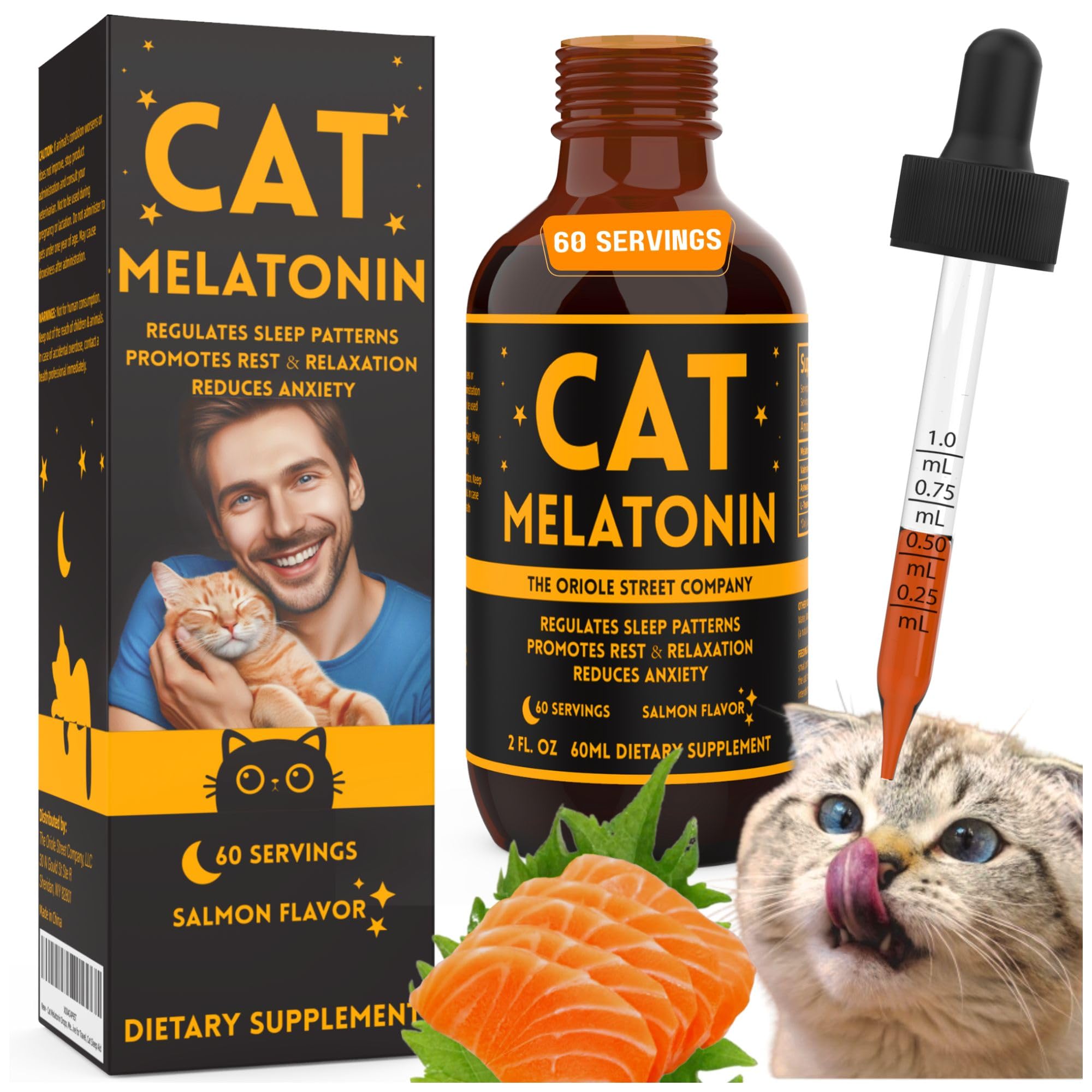 Cat Melatonin Drops 60ml Salmon Flavor, Melatonin for Cats to Sleep, Cat Calming Treats, Cat Calming Products, Cat Sleep Aid, Cat Anxiety Relief, Cat Travel Anxiety Relief for Cats