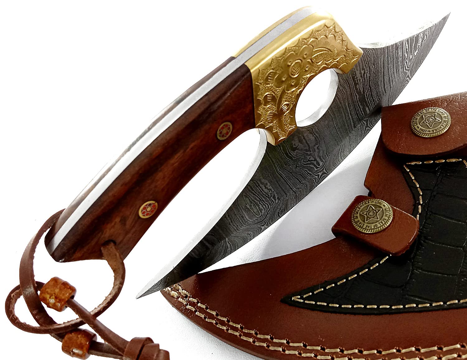 Damascus Steel alaskan Ulu Knife - Fixed Blade knife for Chopping Boning Slicing Cutting,Solid Burl Rose Wood Handle with Leather Sheath.SM145