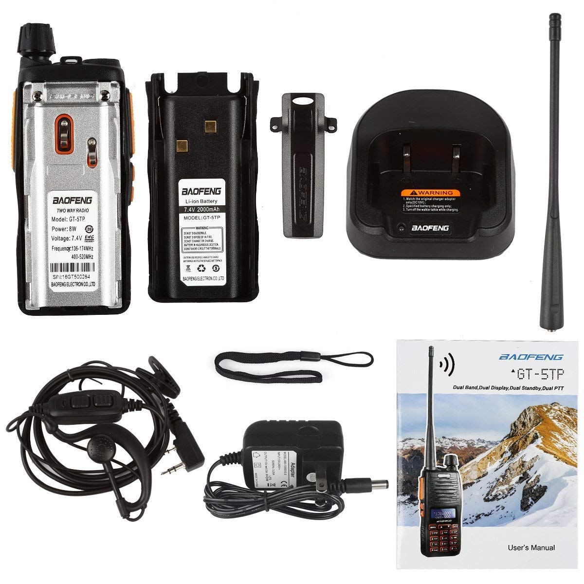 Baofeng Ham Radio Handheld GT-5TP, 8W Portable with High Capacity Battery, Dual Band High Power Two Way Radio with Dual PTT, Black