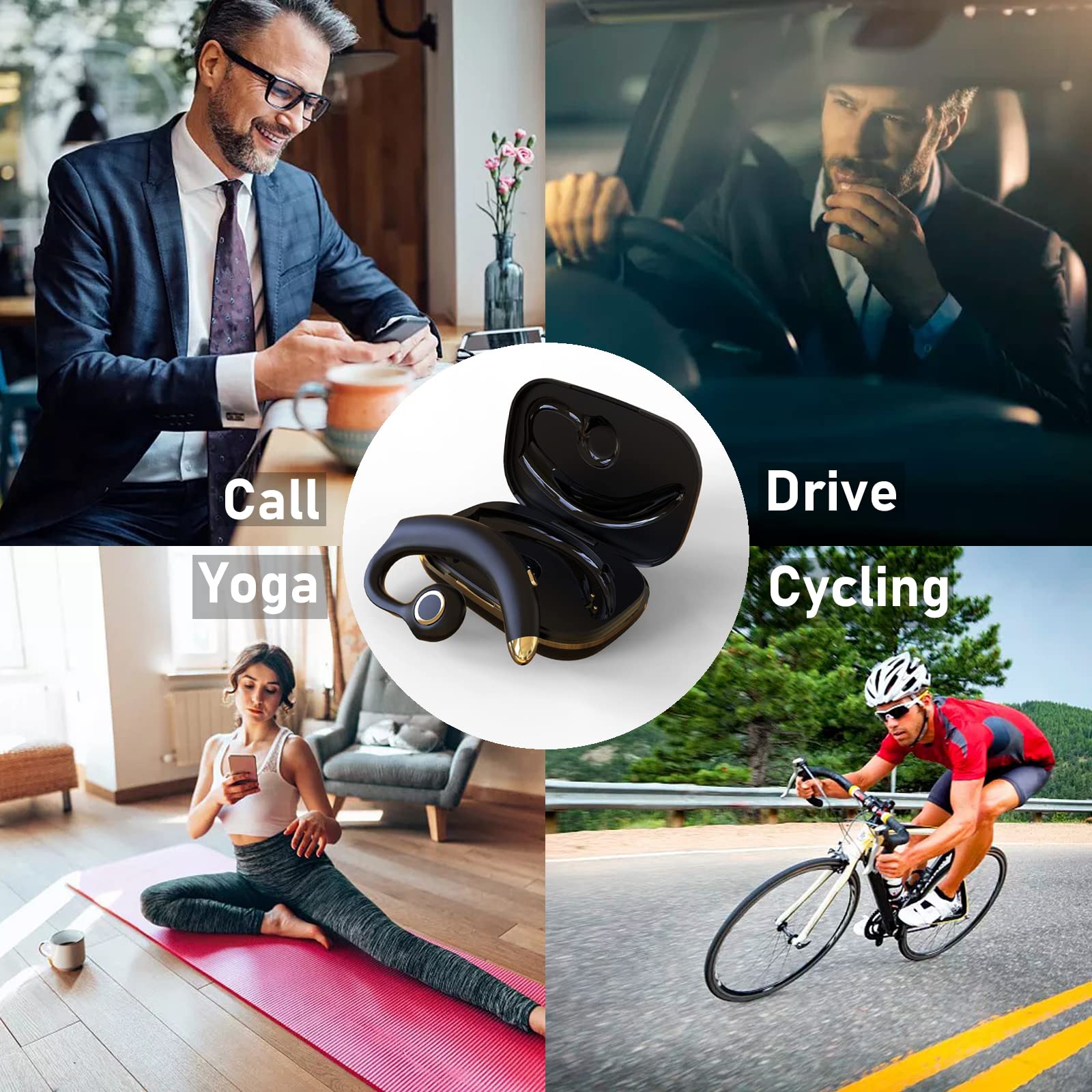 bluetooth earpiece open ear headphones clip headphones with microphones phone bluetooth earpiece for cell phone handfree bluetooth phone earpiece for iPhone & Andriod with 12-Hrs usage (Silver)