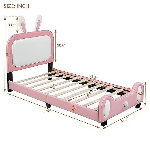 CJLMN Upholstered Rabbit Shaped Princess Bed Pink Platform Bed, Twin Size Wood Bed Frame with Bunny Ears Headboard and Bunny Tail Footboard, Kids Bedroom Furniture Fun Cute Rabbit Bed
