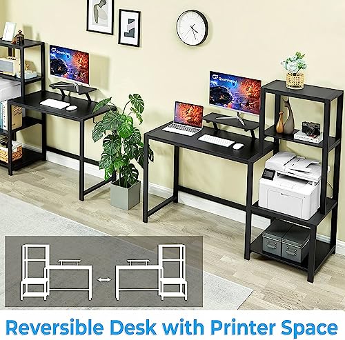 GreenForest Computer Desk 59 inch with Storage Printer Shelf Reversible Home Office Desk with Movable Monitor Stand and 2 Headphone Hooks for Study Writing PC Gaming Working, Black