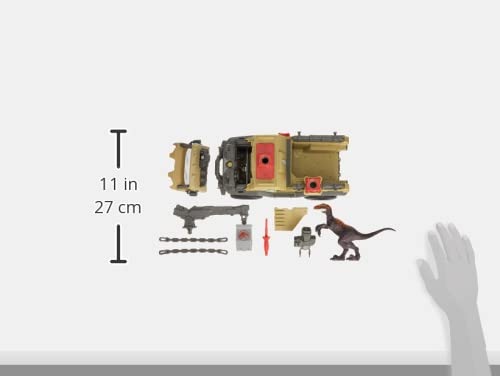 Mattel Jurassic World Dominion Capture & Crush Truck & Dino Playset with Velociraptor Action Figure, Vehicle Features Tranq Shooter, Crane & 2 Breakaways