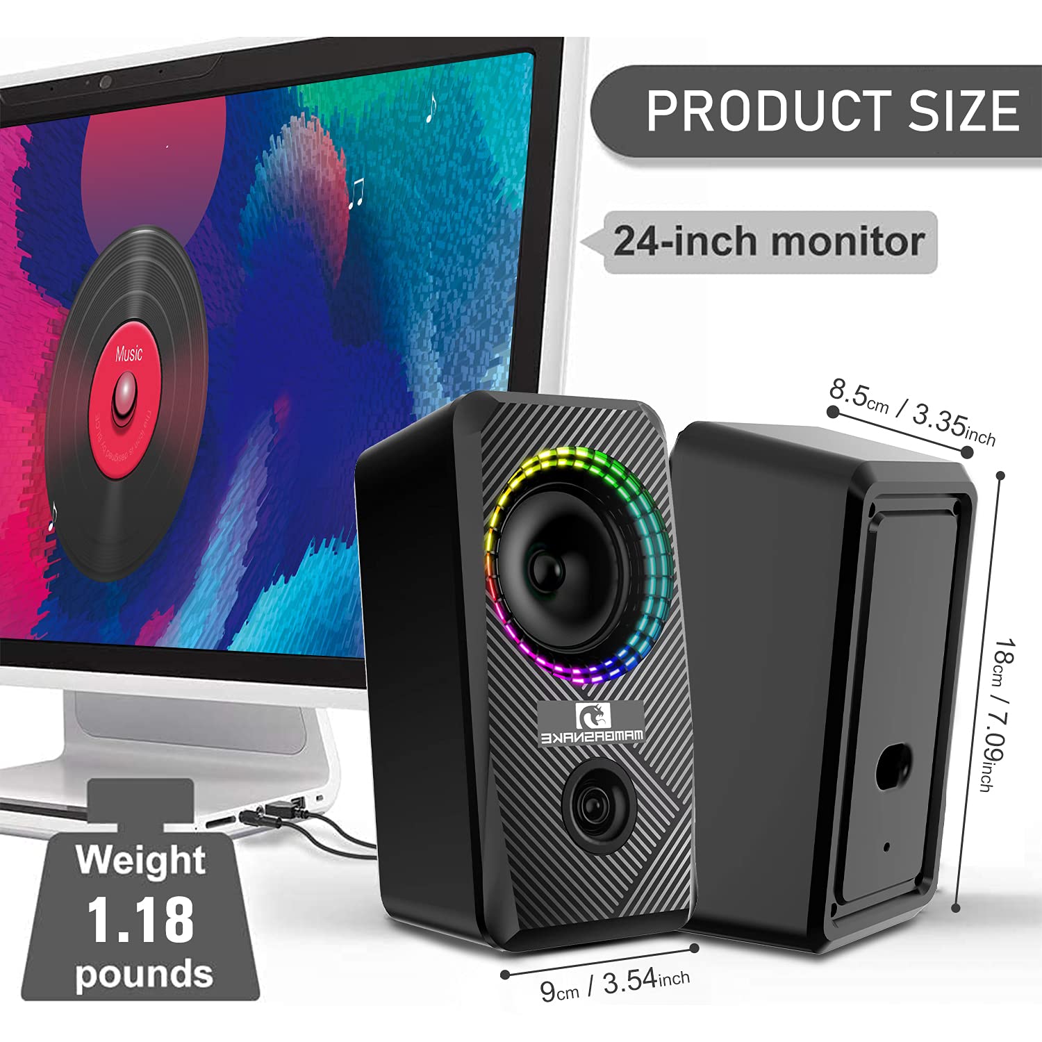 MANBASNAKE Computer Speakers RGB Gaming Speakers with 2.0 Wired USB Powered Stereo Volume Control,6 LED Modes,Dual Channel Multimedia AUX 3.5mm for PC Laptop Desktop Monitors(Black)
