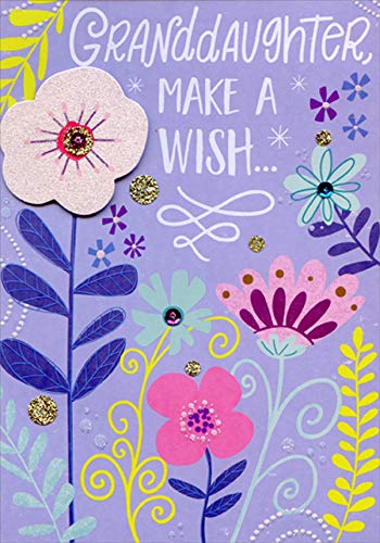 Designer Greetings Die Cut Tip On Glitter Flower and Sequins: Make a Wish Birthday Card for Teen/Teenager Granddaughter