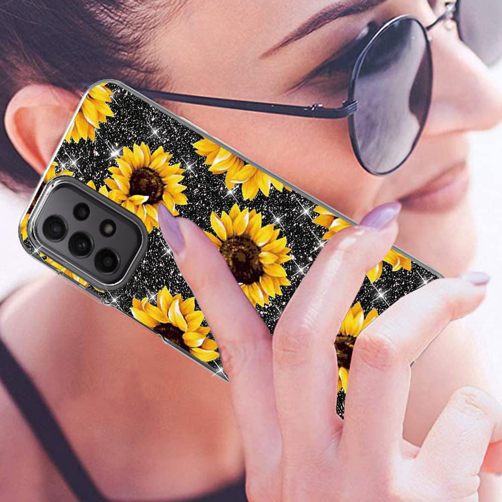 DDTKZC for Samsung Galaxy A23 5G Case,Samsung A23 5G Case Tempered Glass Protector Lustre Pattern-Sparkle 3 in 1 Clear Shockproof Case for Samsung A23 5G (Yellow Sunflower)