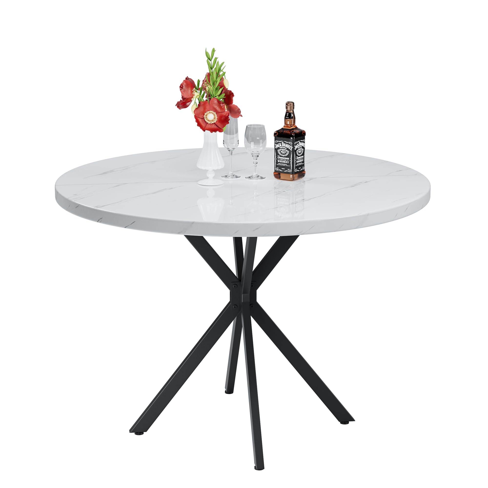 DKLGG White Round Dining Table Set for 4, 39" Round Kitchen Table Set with 4 Upholstered Velvet Chairs, Space-Saving Dining Table Set for Kitchen Dining Room(1 White Table with 4 Grey Chairs)