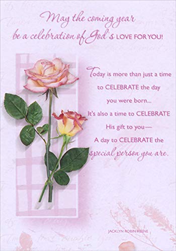 Designer Greetings Two Pink Roses on Light Pink Religious : Inspirational Birthday Card for Her : Woman : Women