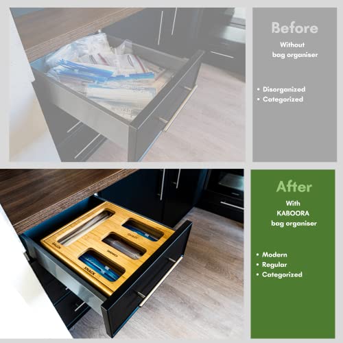 KABOORA Storage Bag Organizer - for Wall Mount & Kitchen Drawers - Compatible w/Most Ziplock Brands & Sizes - Gallon Quart Sandwich Snack Baggie - Hefty Ziploc Solimo Glad Variety - Slider Dispenserā¦