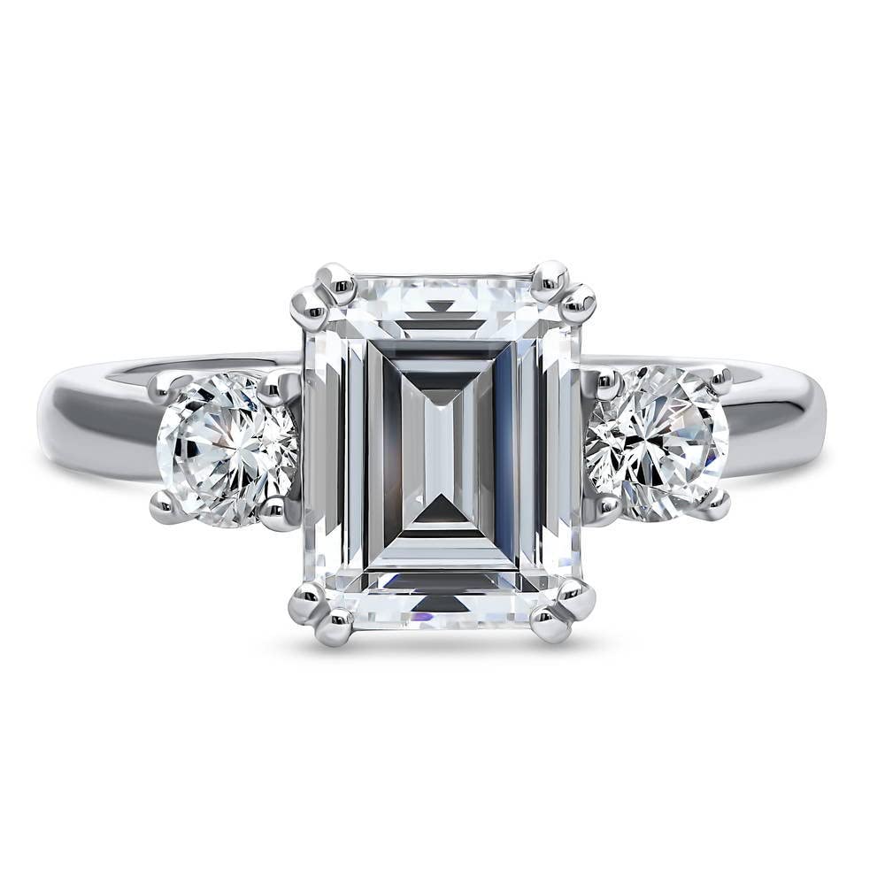 BERRICLE Sterling Silver 3-Stone Wedding Engagement Rings Emerald Cut Cubic Zirconia CZ Promise Ring for Women, Rhodium Plated Size 5.5