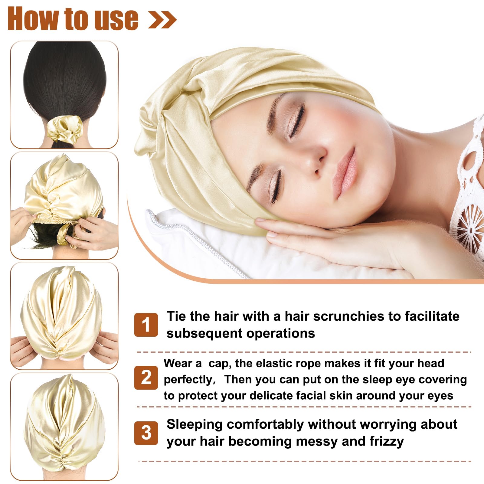 Geyoga 6 Pcs Reusable Large Silk Bonnet Hair Wrap for Sleeping, Natural Silk Scrunchy, Soft Scrunchies, Silk Ponytail Holder for Women's Hair Care (Black, Beige)
