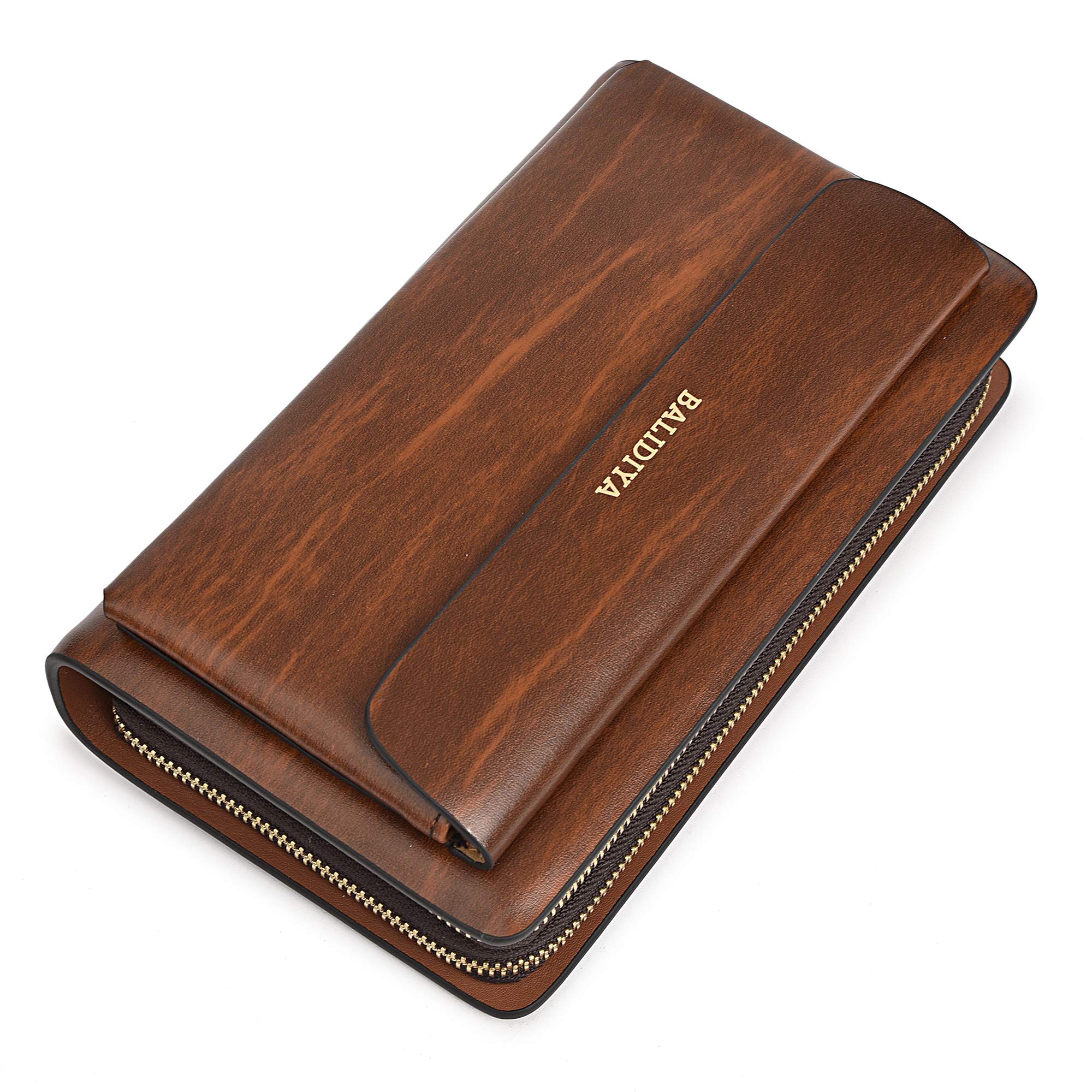 Balidiya Men Clutch Purse Bag Leather Wallet Card Holder Business 2 Zipper Brown