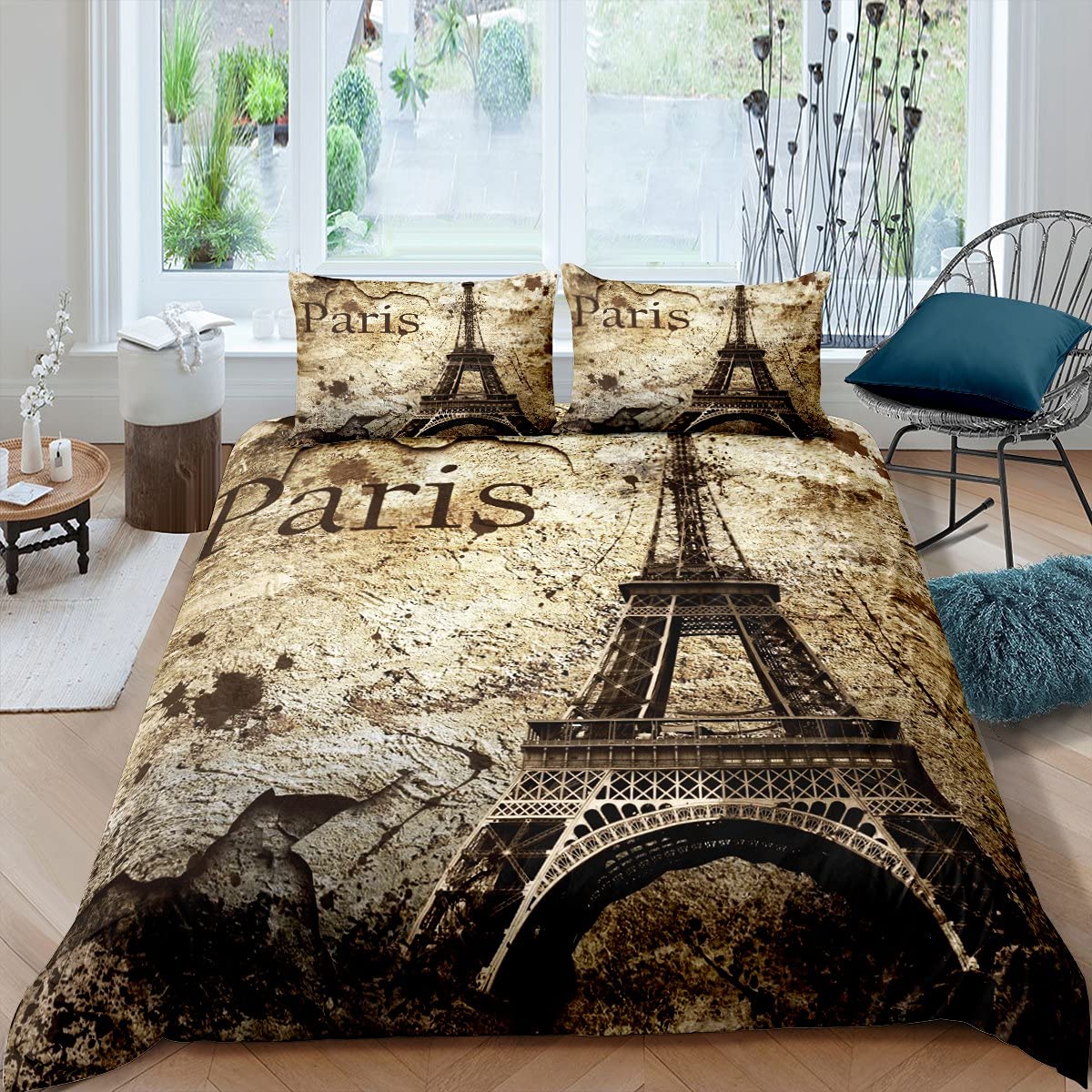 Eiffel Tower Comforter Cover Set Chic Paris Duvet Cover for Kids Boys Girls Romantic Theme Bedding Set French Style Vintage Brown Decor Bedspread Cover with 1 Pillowcase 2Pcs Bedding Twin