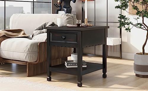 FDSPDO Classical Black&White End Table with Open Styled Shelf Large Storage Space,Side Table Drawer with Metal Handles for Living Room